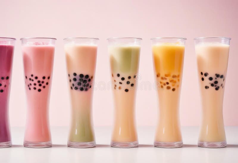 Row of Fresh Bubble Tea and Smoothies Refreshing Drinks in Tall Glasses ...