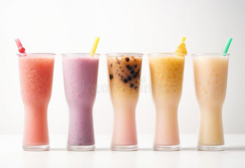 Row of Fresh Bubble Tea and Smoothies Refreshing Drinks in Tall Glasses ...