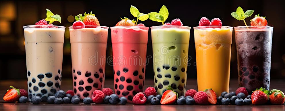 Row of Fresh Bubble Tea and Smoothies Refreshing Drinks Stock Photo ...