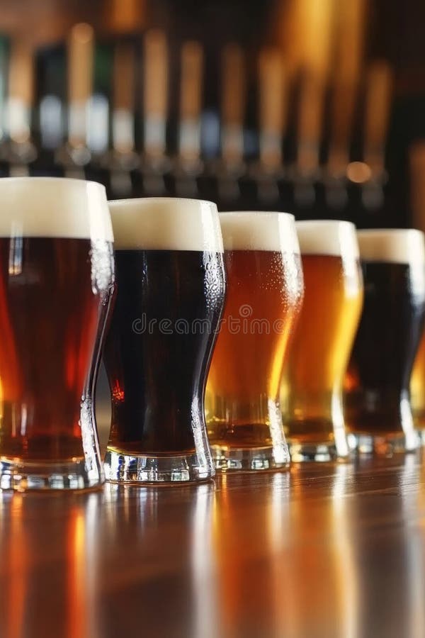 Row of Fresh, Frothy Draft Beer Glasses on a Bar Counter in a Pub ...