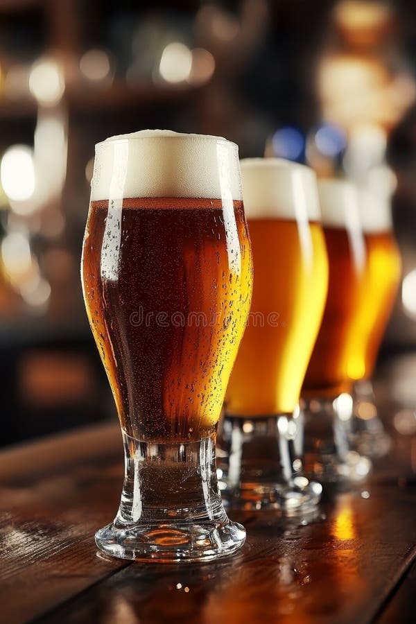 Row of Freshly Poured Draft Beer Glasses on a Rustic Bar Stand, with ...