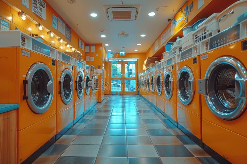 A Row of Front-loading Washing Machines Lines the Interior of a Clean ...