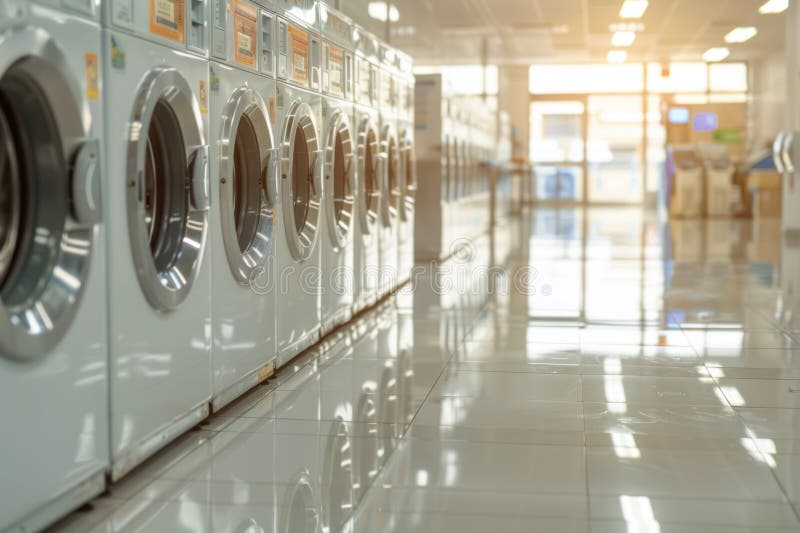 A Row of Front-loading Washing Machines Lines the Interior of a Clean ...