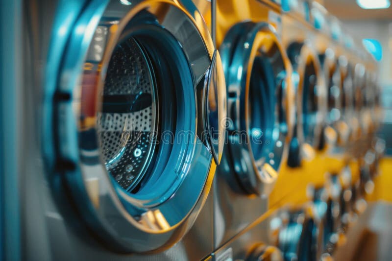 A Row of Front-loading Washing Machines Lines the Interior of a Clean ...