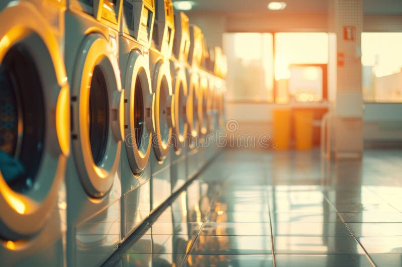 A Row of Front-loading Washing Machines Lines the Interior of a Clean ...