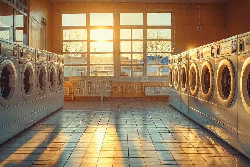 A Row of Front-loading Washing Machines Lines the Interior of a Clean ...