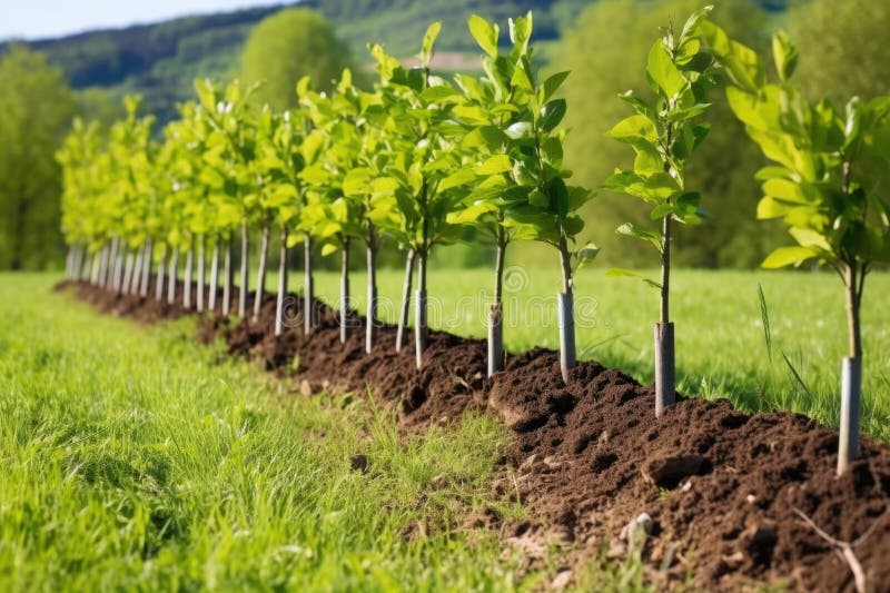 Row of Fruit Tree Saplings Planted on a Meadow Stock Photo - Image of ...