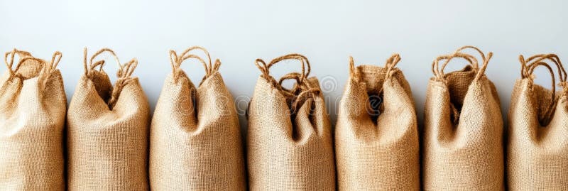 Row of Full Burlap Sacks with Tied Tops Against a Minimal White ...