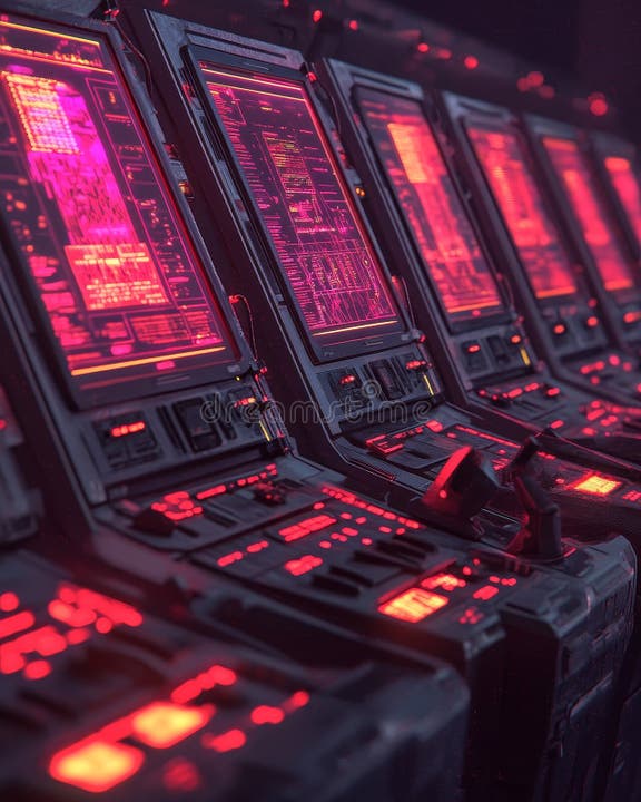 Row of Futuristic Control Panels with Glowing Red Screens and Complex ...
