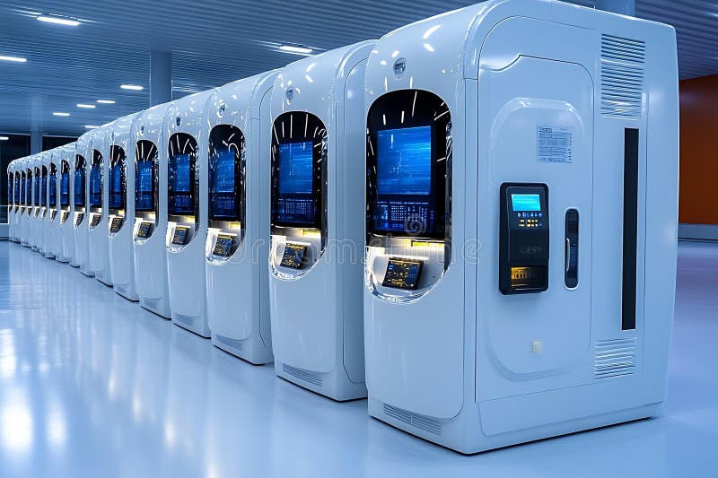 A Row of Futuristic White Server Units with Glowing Blue Screens in a ...