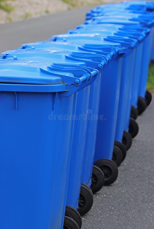 Row of Garbage Cans at the Roadside, Rear View Stock Image - Image of ...