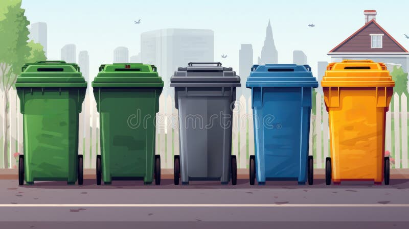Row of Garbage Cans Sitting on Side of Road. Suitable for Depicting ...
