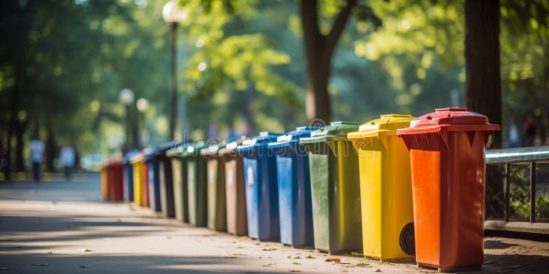 A Row of Garbage Cans for Sorting Garbage in Red Yellow Green and Blue ...