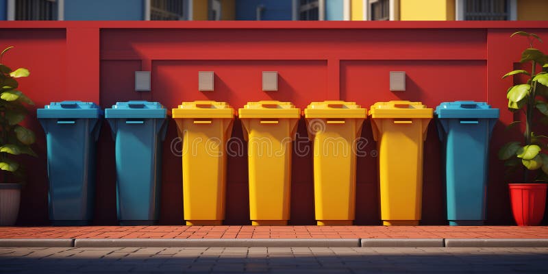 A Row of Garbage Cans for Sorting Garbage in Red Yellow Green and Blue ...