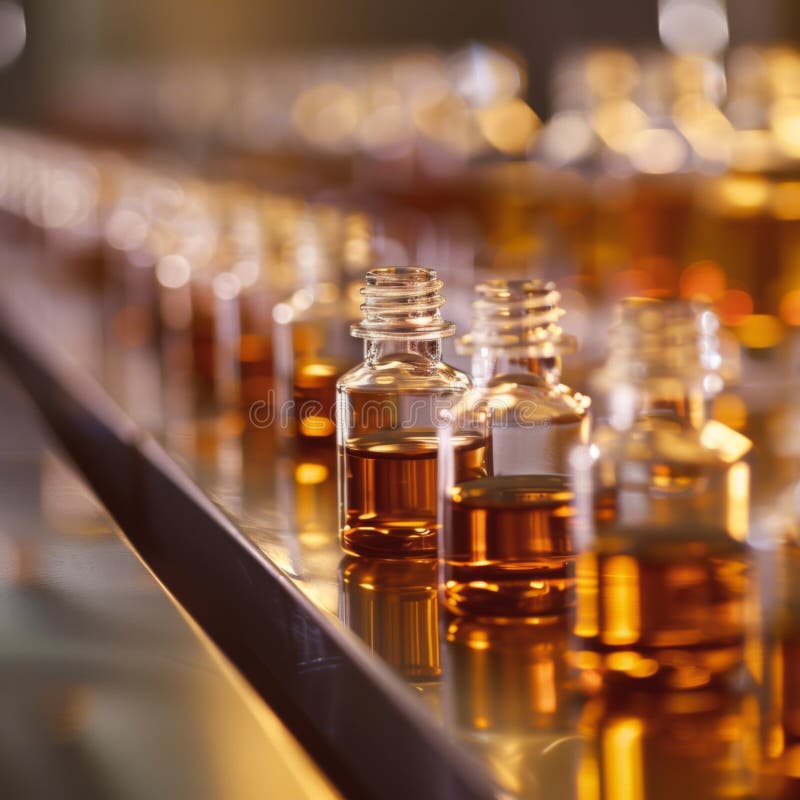 A Row of Glass Bottles Filled with Amber Liquid on a Conveyor Belt ...