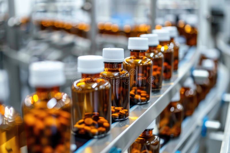 Row Glass Bottles Filled Liquid Moving Along Conveyor Belt Stock Photos ...