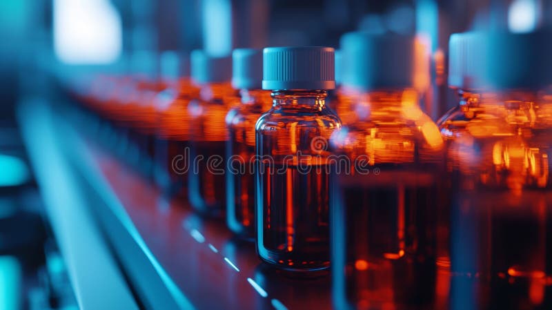 Row Glass Bottles Orange Liquid Laboratory Setting Stock Photos - Free ...
