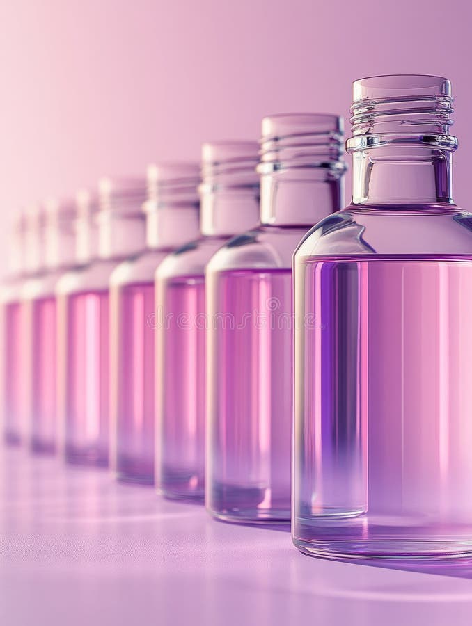Row of Glass Bottles with Pink Liquid and Reflections. Stock Photo ...