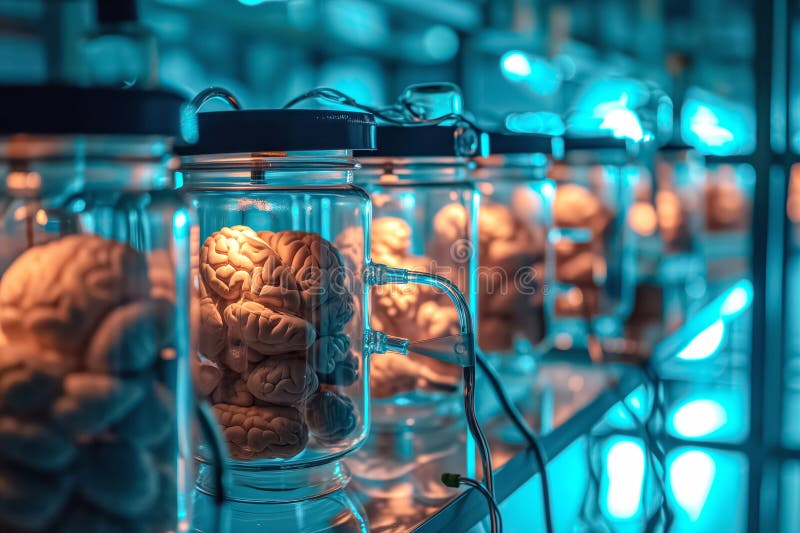 Row of Glass Jars with Brain Inside Connected To System with Cables ...