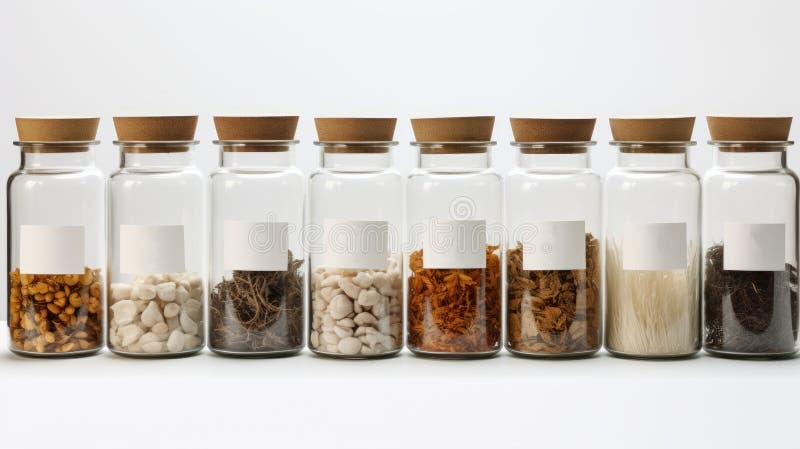 A Row of Glass Jars with Different Spices and Ingredients on a White ...