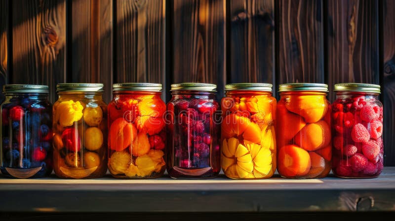 A Row of Glass Jars Filled with Assorted Fruits, Showcasing a Colorful ...