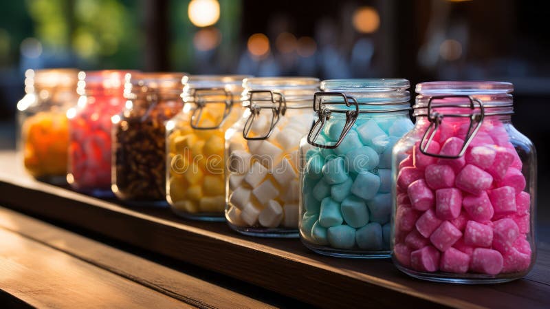 Row of Glass Jars Filled with Different Colore. Generative AI. Stock ...