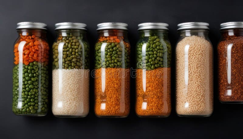 A Row of Glass Jars Filled with Various Types of Food, Including Beans ...