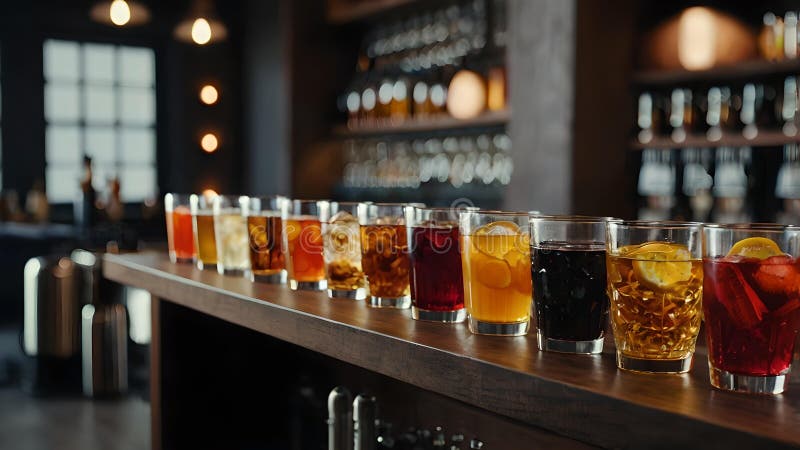 Variety of Drinks in Glasses on a Bar Counter Stock Illustration ...