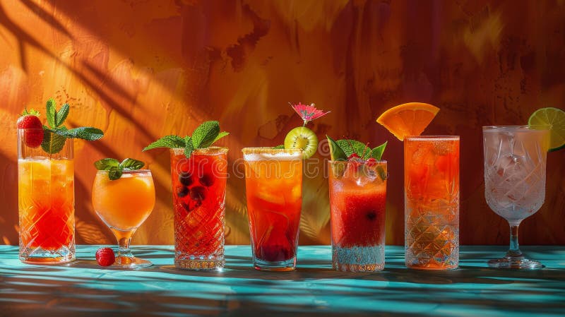 A Row of Glasses Filled with Different Types of Drinks Stock Photo ...