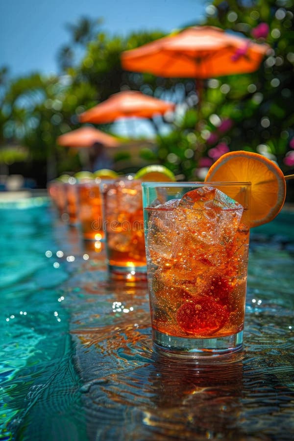 Row of Glasses Filled with Drinks Overlooking Swimming Pool Stock Photo ...