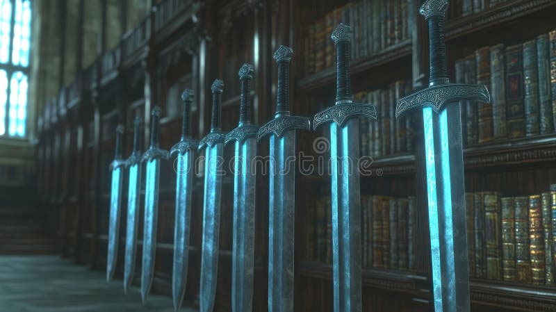 A Row of Gleaming Swords in a Medieval Library Stock Illustration ...