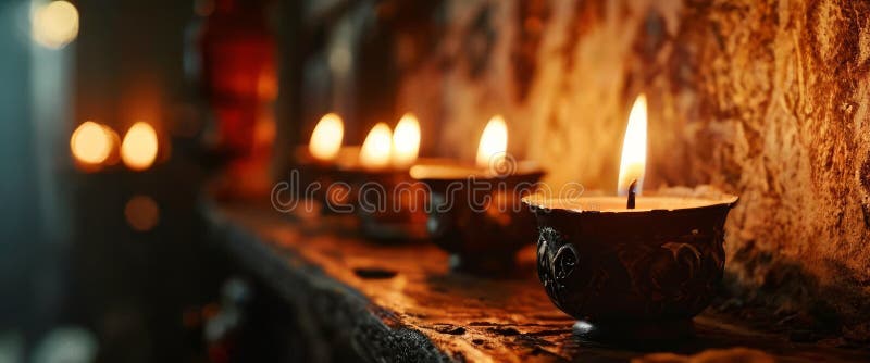 Row of Glowing Candles in a Dimly Lit Ancient Setting Stock Photo ...