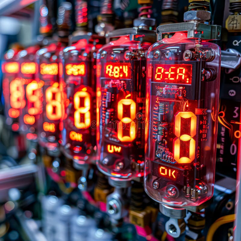 A Row of Glowing Digital Clocks with the Numbers 0 through 9 Lit Up ...