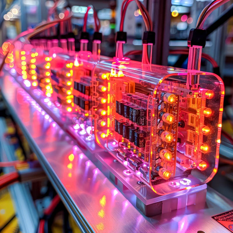 A Row of Glowing Electronic Devices are Lined Up on a Table Stock Image ...