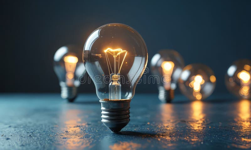 Row Glowing Light Bulbs with Warm Yellow Light Casts Soft Glow on Dark ...