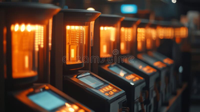 Row of Glowing Orange Industrial Machines in a Dark Factory Setting ...