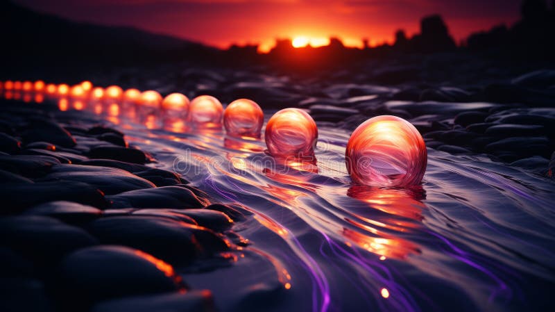 A Row of Glowing Orbs in the Water at Sunset Stock Illustration ...