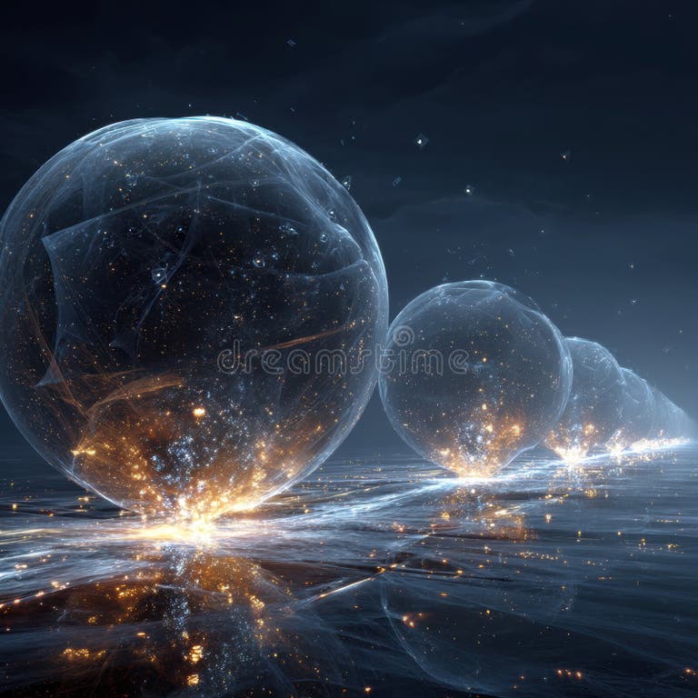 Row of Glowing Spherical Structures Floating Above Reflective Surface ...