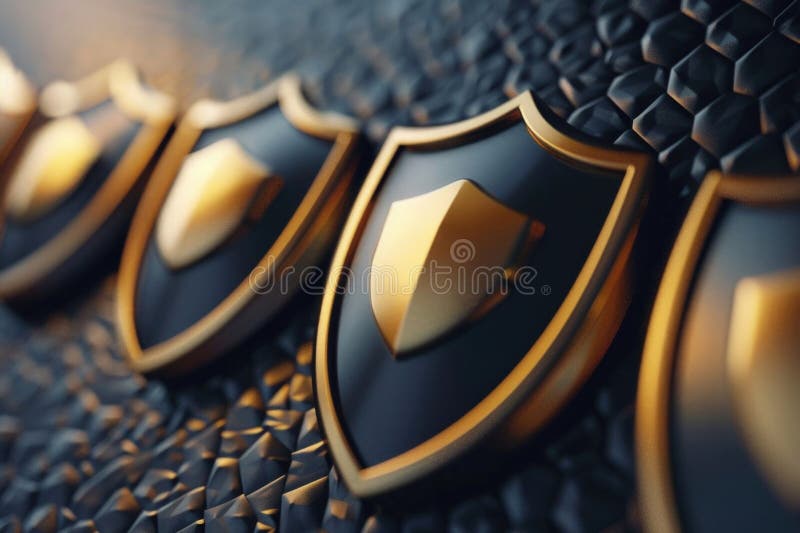 A Row of Gold and Black Shields Mounted on a Wall. Ideal for History or ...