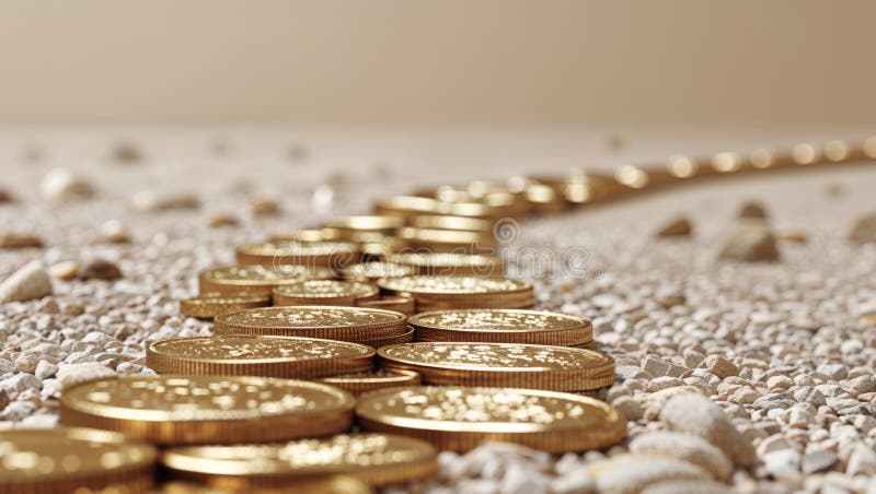 A Row of Gold Coins are Lined Up on a Gravel Path. Stock Image - Image ...