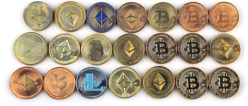 A Row of Gold Colored Coins with Various Symbols on Them Stock Image ...