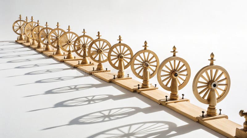 Row of Golden Spinning Wheels on a Wooden Base Casting Shadows on a ...