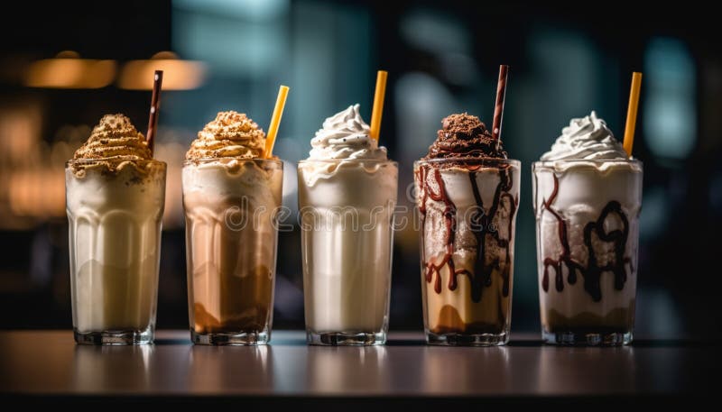 A Row of Gourmet Drinks on Table Chocolate, Coffee, Milkshake Generated ...