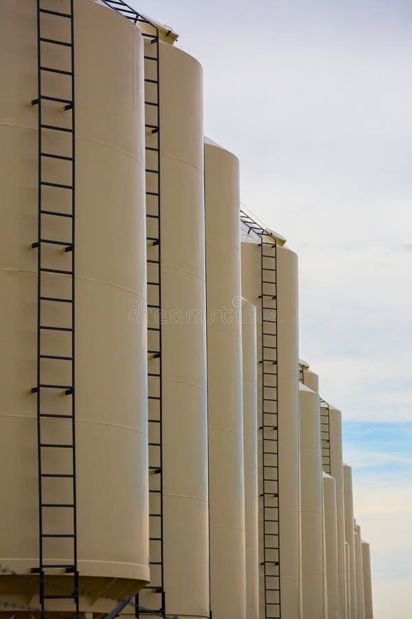 Row of Grain Bins with Ladders Stock Photo - Image of beige, ladder ...