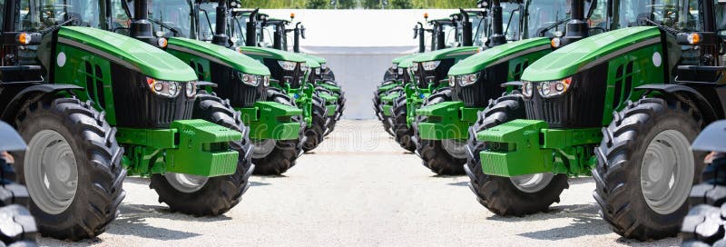 A Row of Green Agricultural Tractors Stock Photo - Image of farming ...