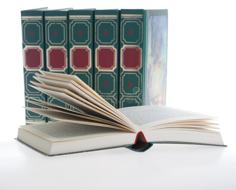 Row of Green Books, One Book Open in Front Stock Image - Image of green ...