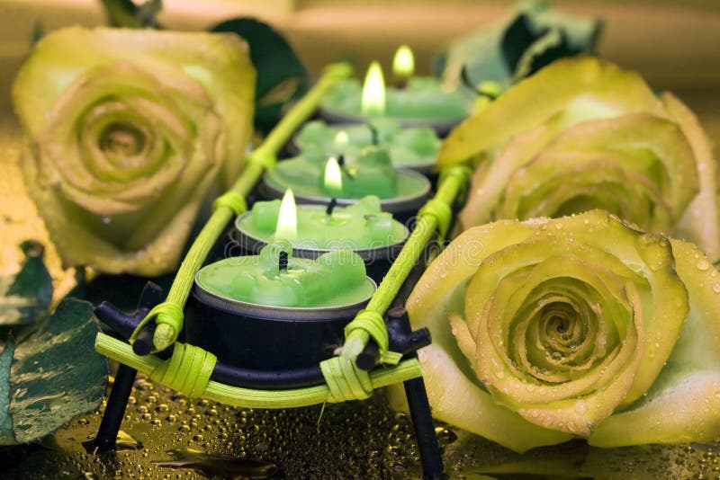 Row of Green Candles with Roses Stock Image - Image of love, hygiene ...