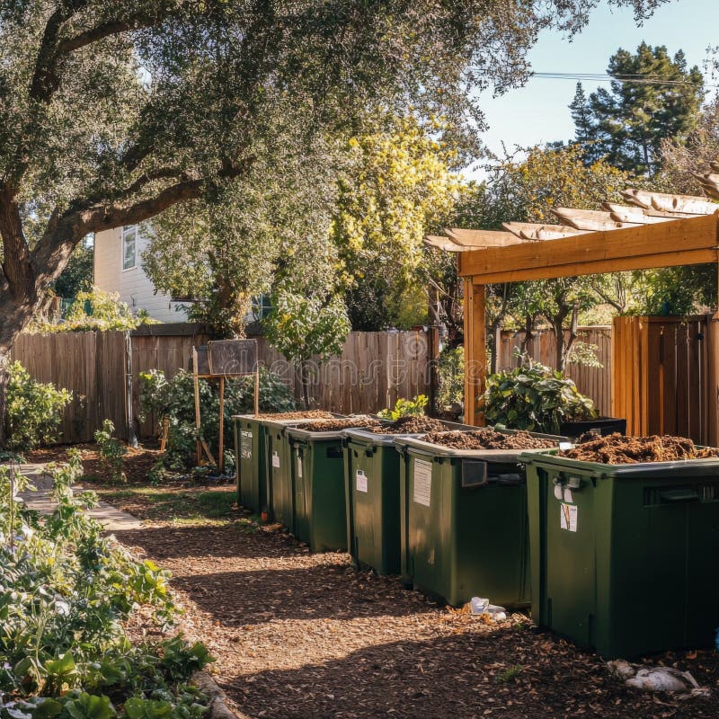 A Row of Green Compost Bins in a Backyard Garden Stock Illustration ...