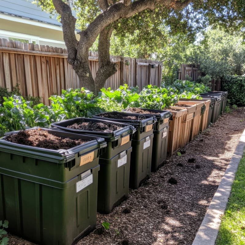 A Row of Green Compost Bins Filled with Mulch Stock Illustration ...