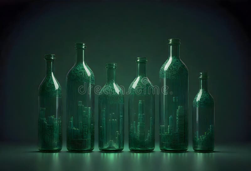 Row of Green Glass Bottles of Varying Sizes, Each Containing a Unique ...